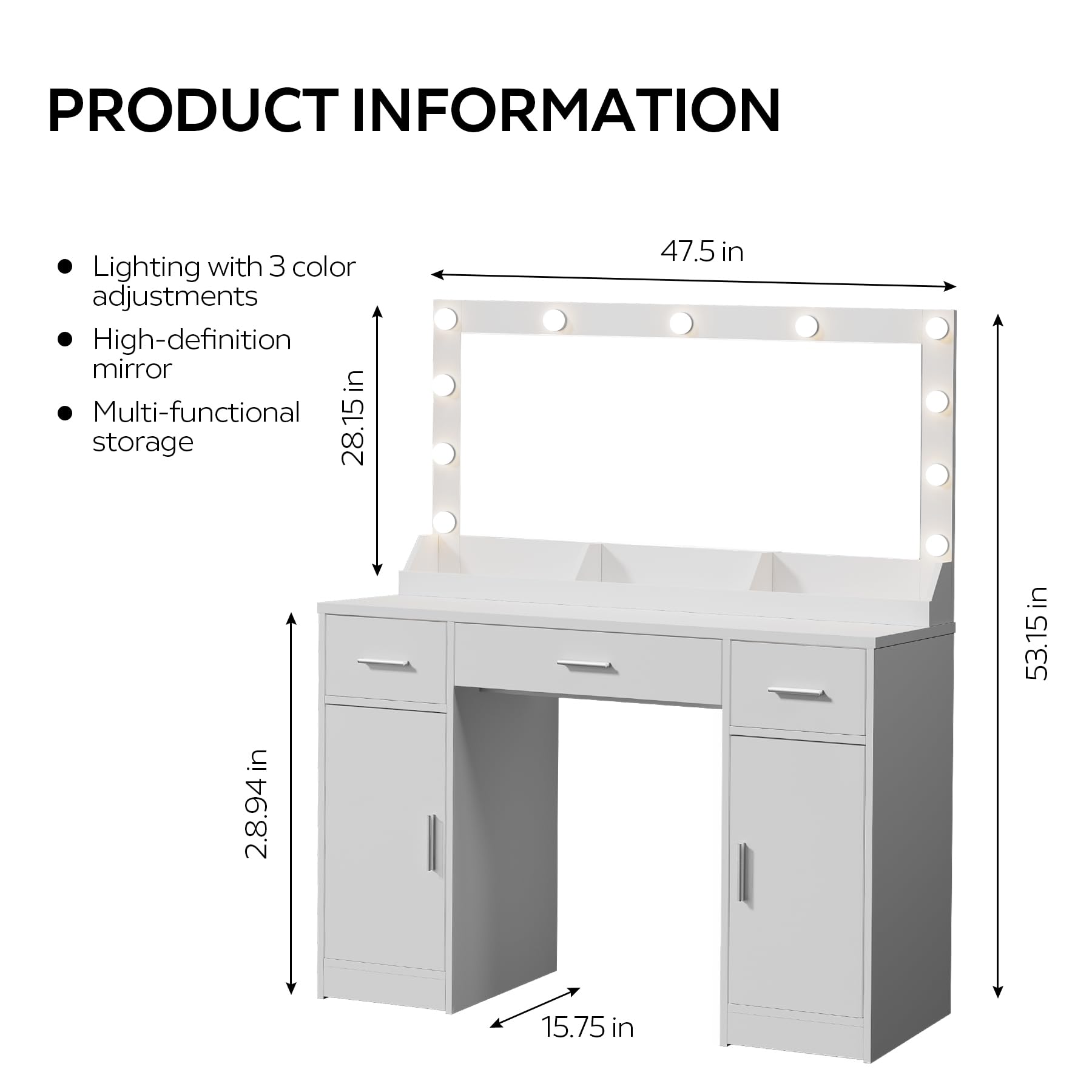 MIRROTOWEL 47.5” Vanity Desk with Large Mirror, 3 Colour Lighting Modes, Adjustable Brightness, Dresser with 3 Drawers & 2 Vertical Cabinets, Makeup Vanity Table for Women Girls White