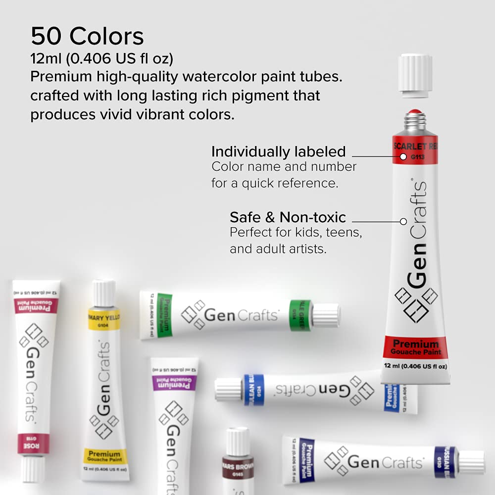 GenCrafts Gouache Paint 24 Colors 12 ml/ 0.406 oz. - Quality Non Toxic Pigment Paints for Canvas, Fabric, Crafts, and More