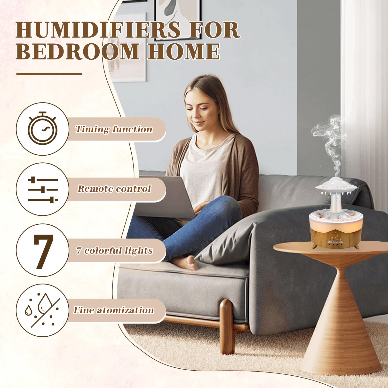 Rain Cloud Humidifier Water Drip, 7 Colors Night Rain Diffuser with Remote Control Timing, Mushroom Diffuser Lamp, Rain Sounds for Sleeping, Desk Fountain (Wood Grain)