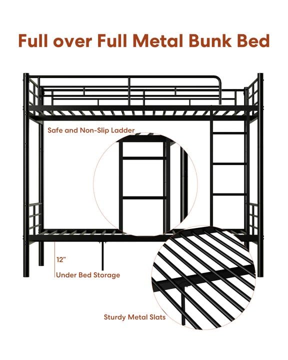 Miscoos Full Over Full Metal Bunk Bed for Kids, Convertible into 2 Separate Full Beds, Heavy Duty Bunk Bed Frame with High Guardrail and Built-in Ladder, No Box Spring Needed, Noise Free, Black