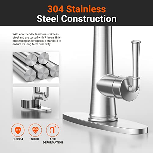 Kitchen Faucet with Pull Down Sprayer - LEPO Kitchen Sink Faucet with Led Light, Brushed Nickel, High Arc Commercial Stainless Steel Pull Out Rv Kitchen Faucet Bar(No Batteries Required)