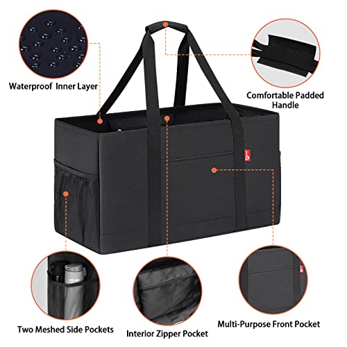 RVSNQ Extra Large Utility Tote Bag, Foldable Reusable Grocery Bags, Collapsible Tote with Metal Wire Frame & Reinforced Bottom Board, Stand up Large Utility Tote for Grocerie, Shopping, Storage(Black)