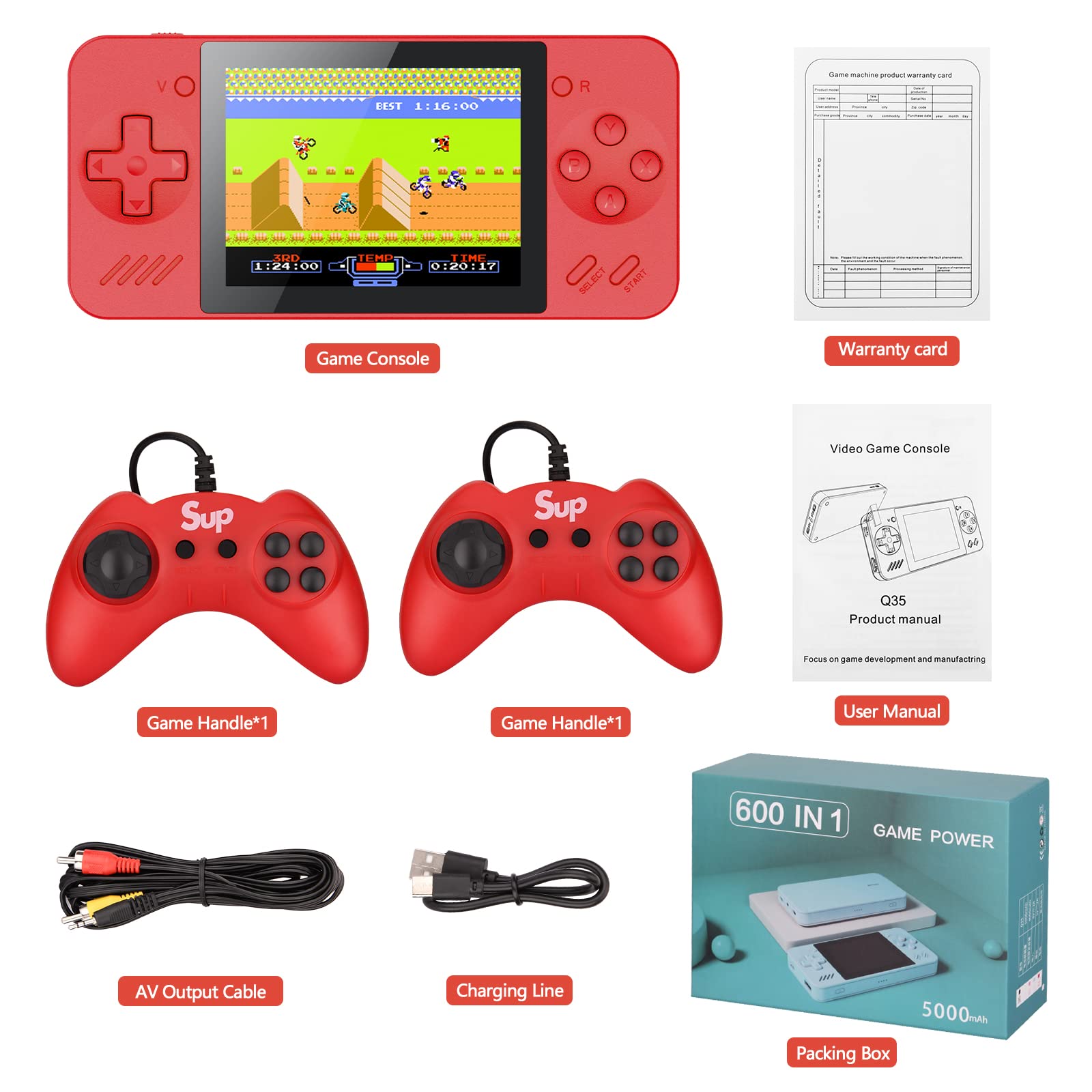 Handheld Game Console - 3.5 ’’ HD Screen Portable Retro Handheld Video Games with 600 Classical FC Games 5000mAh Rechargeable Battery Support for Connecting TV Best Gift for Kids(Red)