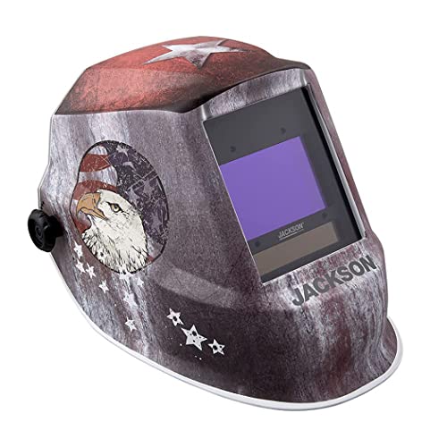 Jackson Safety Premium Auto Darkening Welding Helmet 4/5-13 Shade Range, 1/1/1/1 Optical Clarity, 1/25,000 sec. Response Time, 370 Speed Dial Headgear, Freedom Graphics, Red/White/Blue, 47103