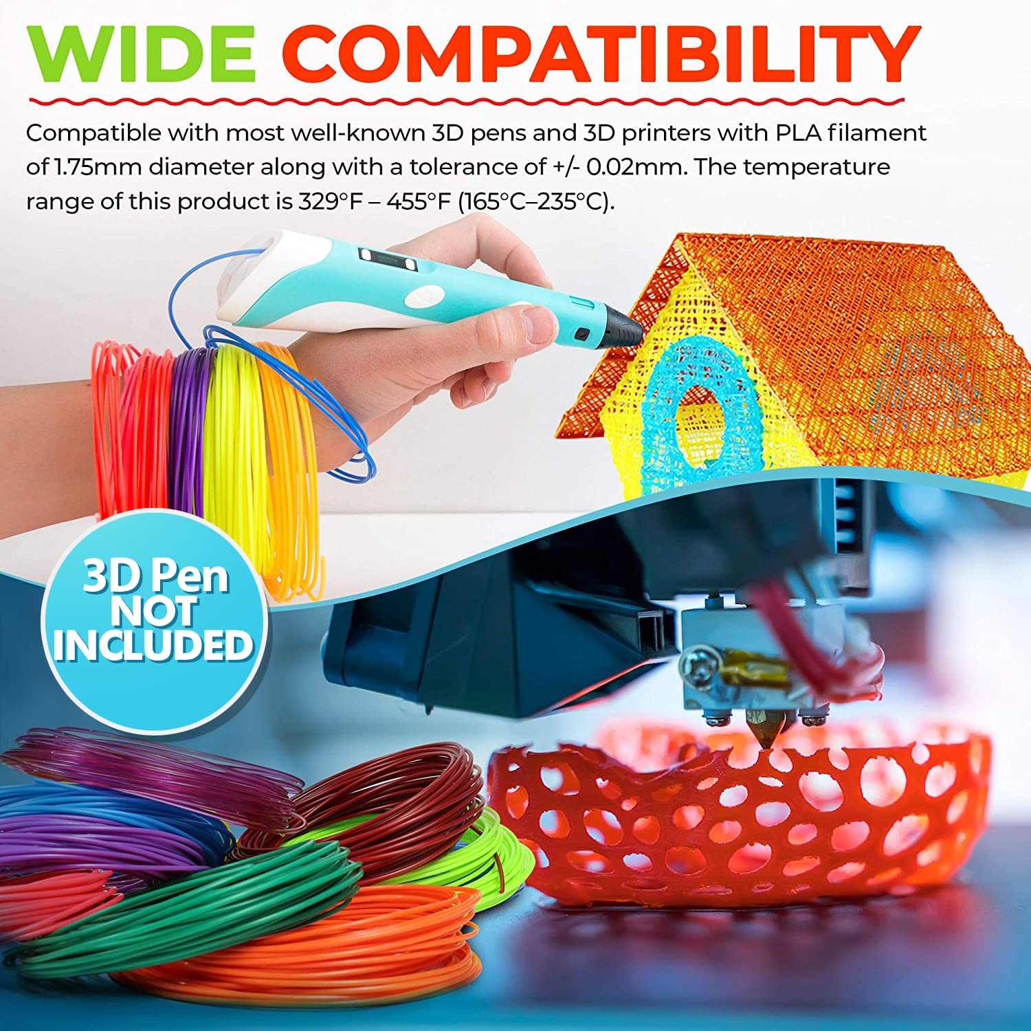 Filamate 3D Pen Filament - 1.75mm PLA Plastic - 3D Pen Refills with Stencils - 360 Feet of Assorted Filament: 0.02mm Tolerance for 3D Drawing and Doodling