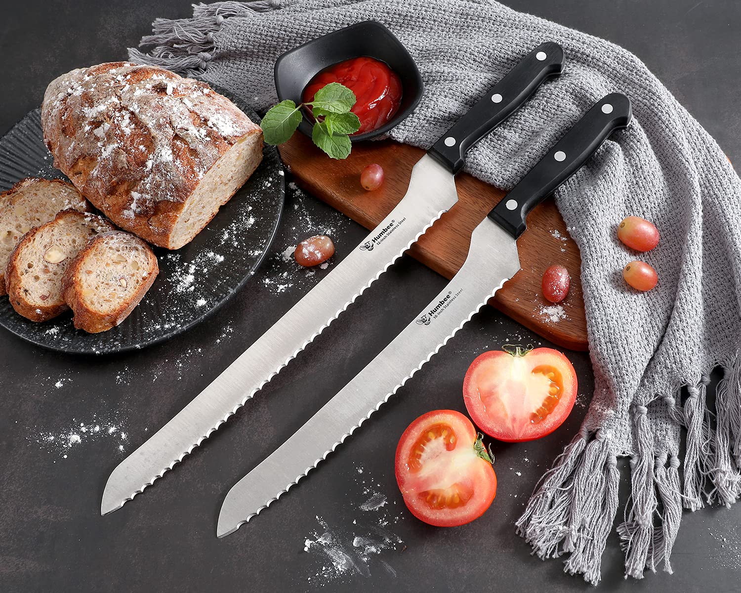 HUMBEE, 10 inch Offset Bread Knife Serrated Knife Wave Edge Blade