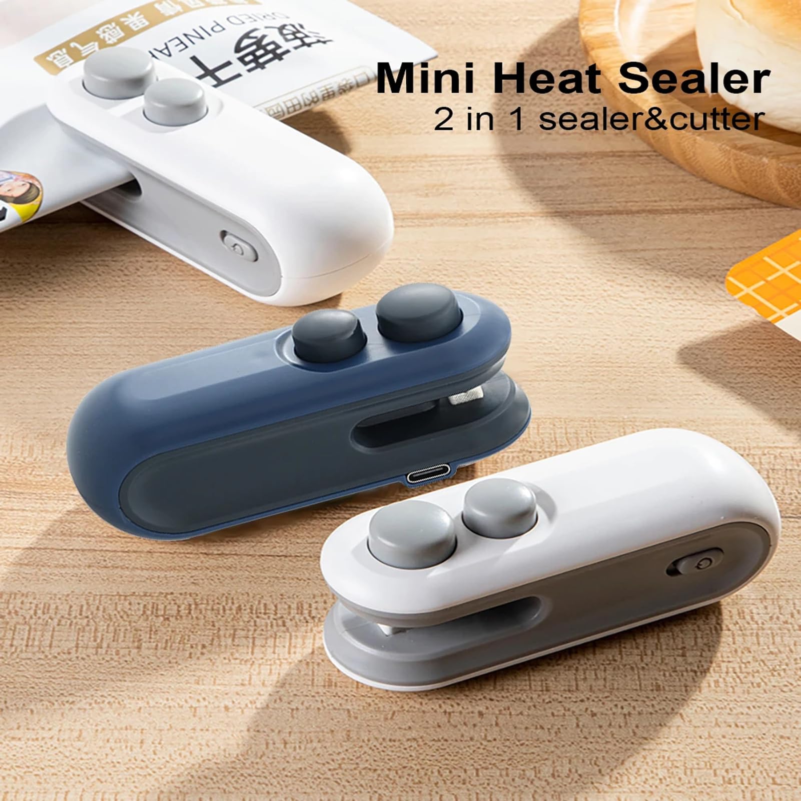 Mini Bag Sealer 2 Pack Bag Sealer with Cutter and Magnet 2 in 1 Mini Bag Resealer Machine Portable Handheld Rechargeable Heat Vacuum Food Sealer for Plastic Bags Snacks & Food Storage (2, white&blue)