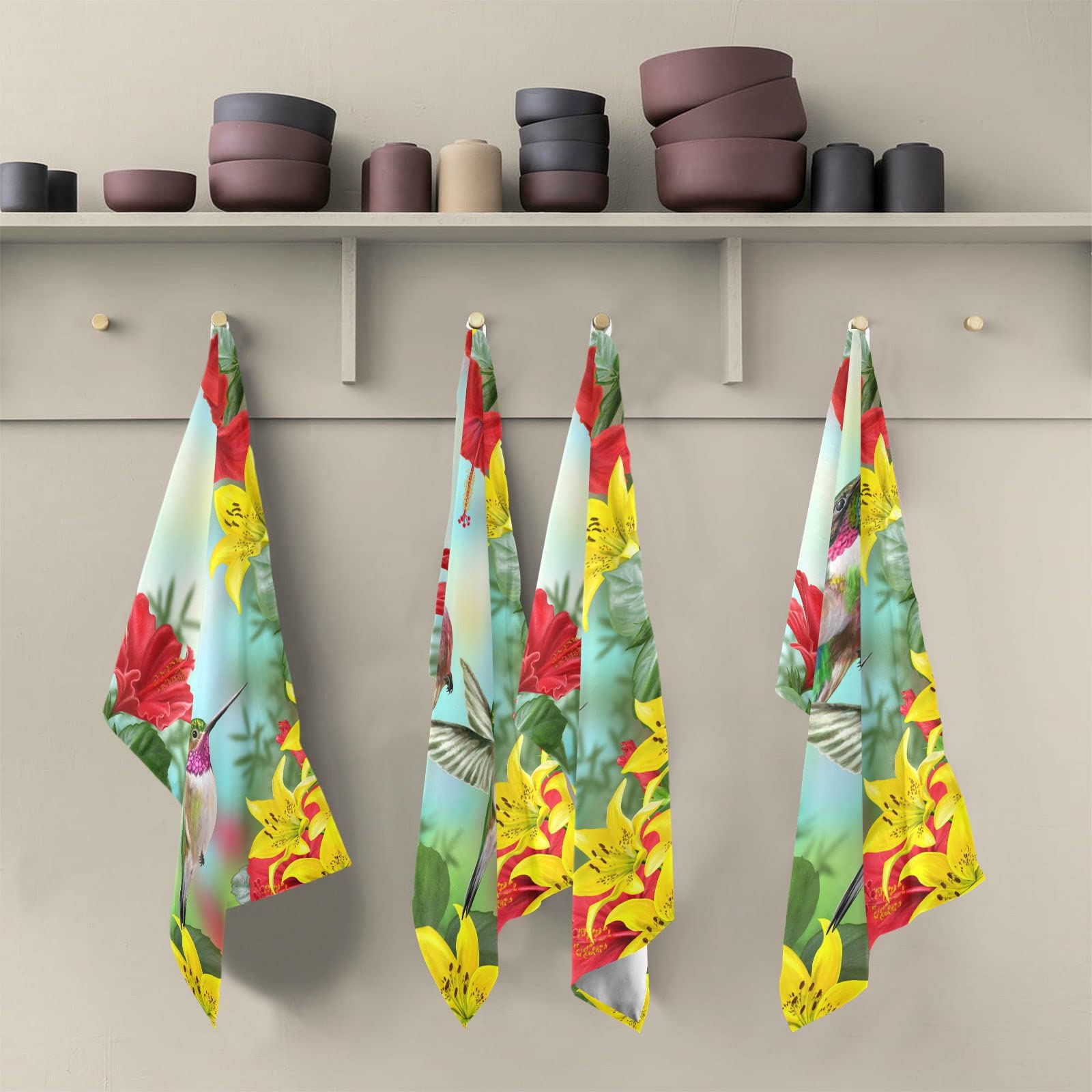 Hummingbirds Red Flowering Hibiscus Kitchen Towel Set Spring Yellow Lilies Dish Towel Set of 1 Tea Towels Large 28''x18'' Multi-Purpose Washing Cloth Home Decorative Lint-Free Dishcloths for Restaura