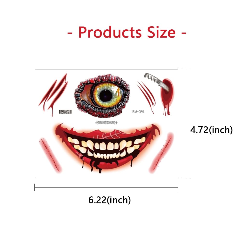 Generic Halloween Zombie Face Tattoos, 9 Sheets Waterproof Temporary Tattoos, Easy to Apply, Remove, and Use as Party Gifts