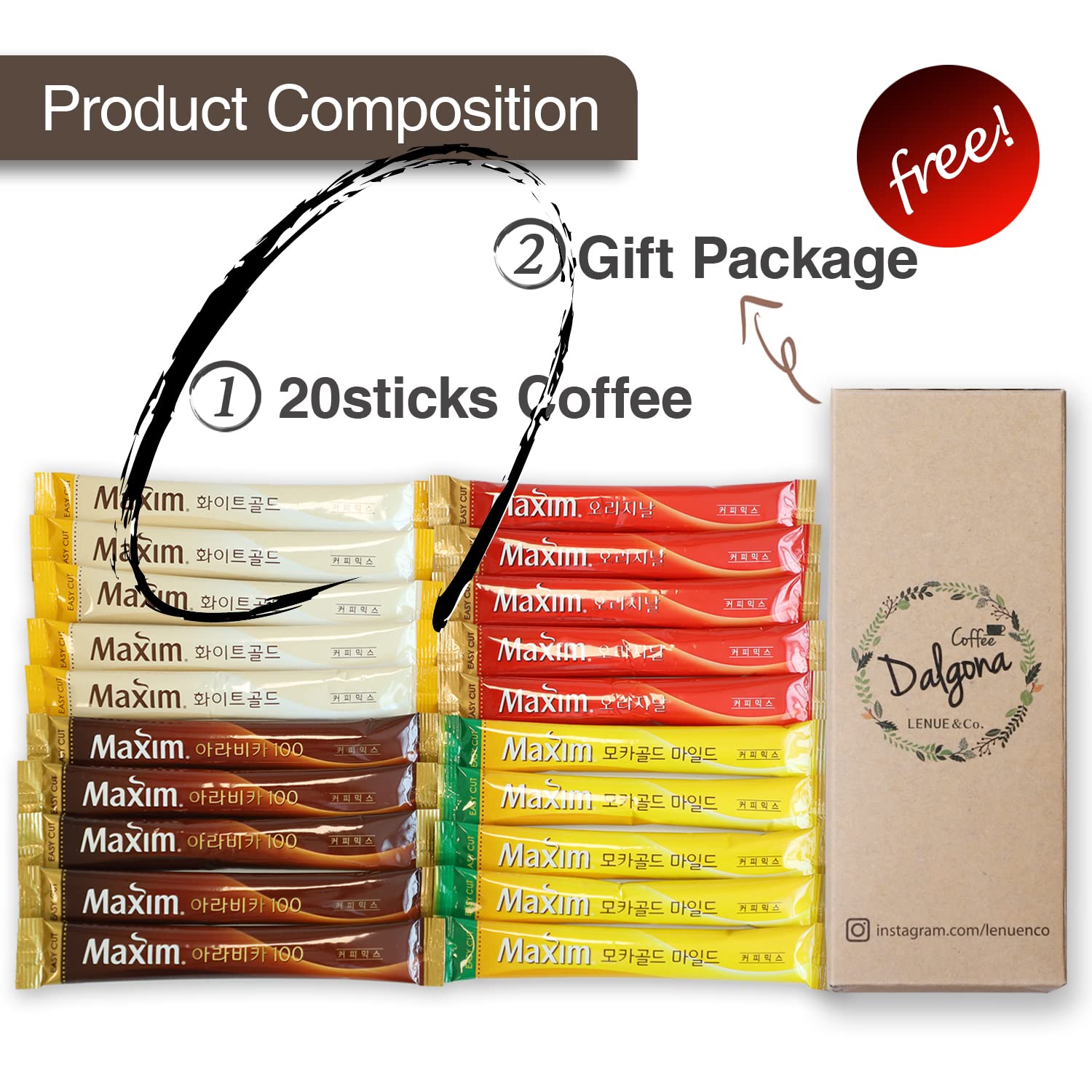 Korean 3 in 1 Instant Coffee Variety Sample Packets with Gift Box Set, Camping Essentials, Maxim Instant Coffee Mix Combination 20 Sticks