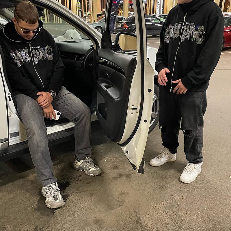 Faretumiya Women Men Rhinestone Hoodie Y2k Graphic Zip Up Unisex Sweatshirt Sparekly Oversized Pullover Jacket Streetwear(black two,Medium)