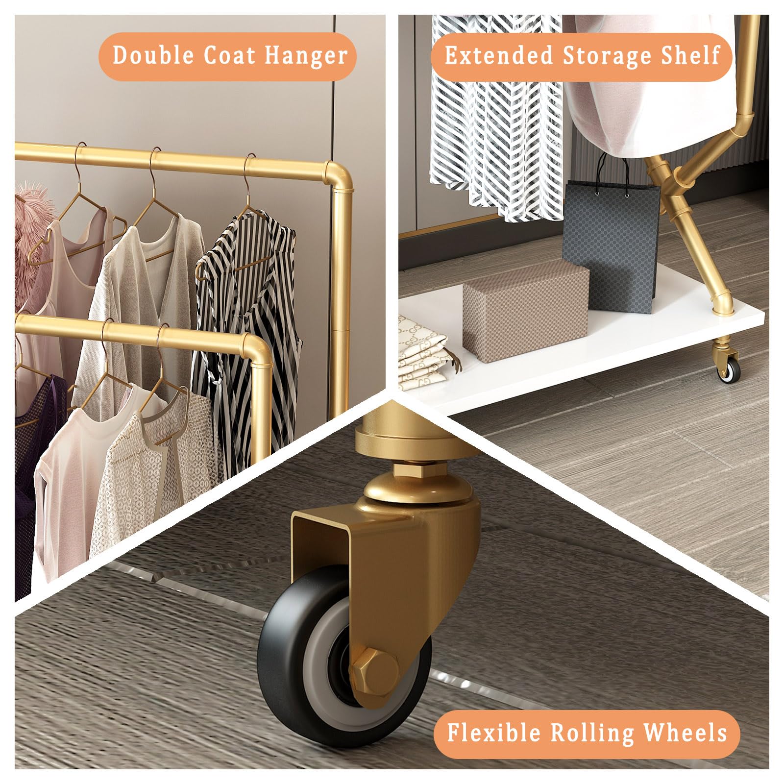 ORSENIGO Industrial Pipe Clothing Rack with Double Rods for Hanging Clothes, Heavy Duty Rolling Clothes Rack with Shelf for Home Boutique Retail Use (Gold)