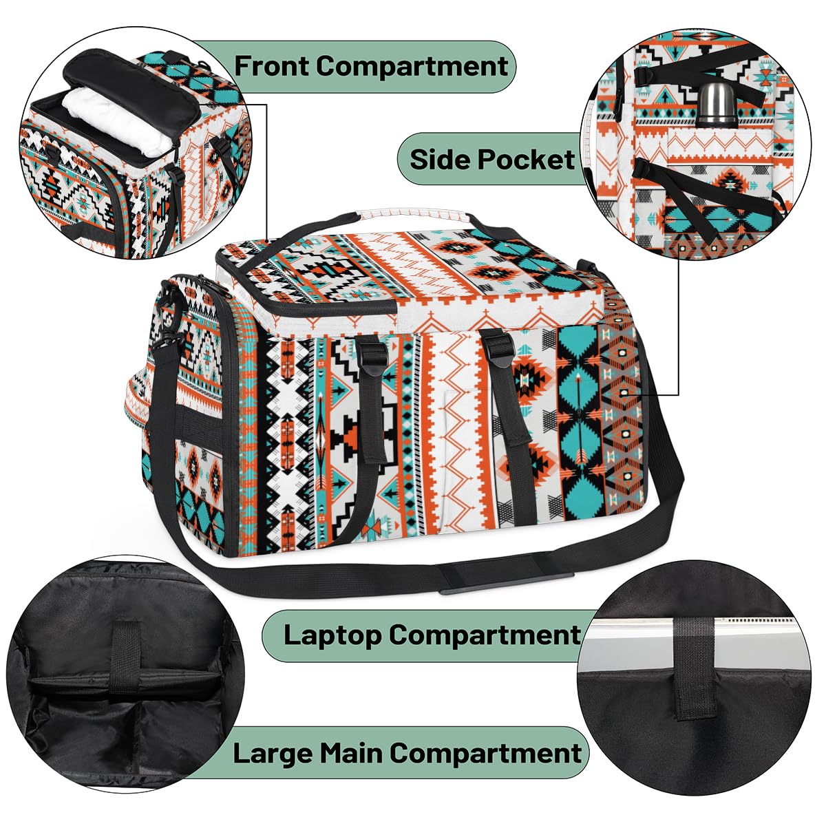 Ethnic Aztec Geometric Gym Duffle Bag Backpack Waterproof with Shoes Compartment Travel Sling Bag Casual Daypack for Men and Women Shoulder Weekender Overnight Bag