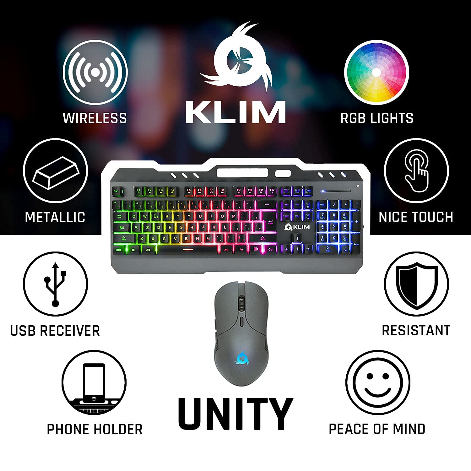 KLIM Unity Wireless Keyboard and Mouse Set US - New 2024 - Slim Durable Ergonomic Mechanical Feel - Backlit Wireless Gaming Keyboard and Mouse for PC Mac PS4 PS5 - Long-Lasting Built-in Battery