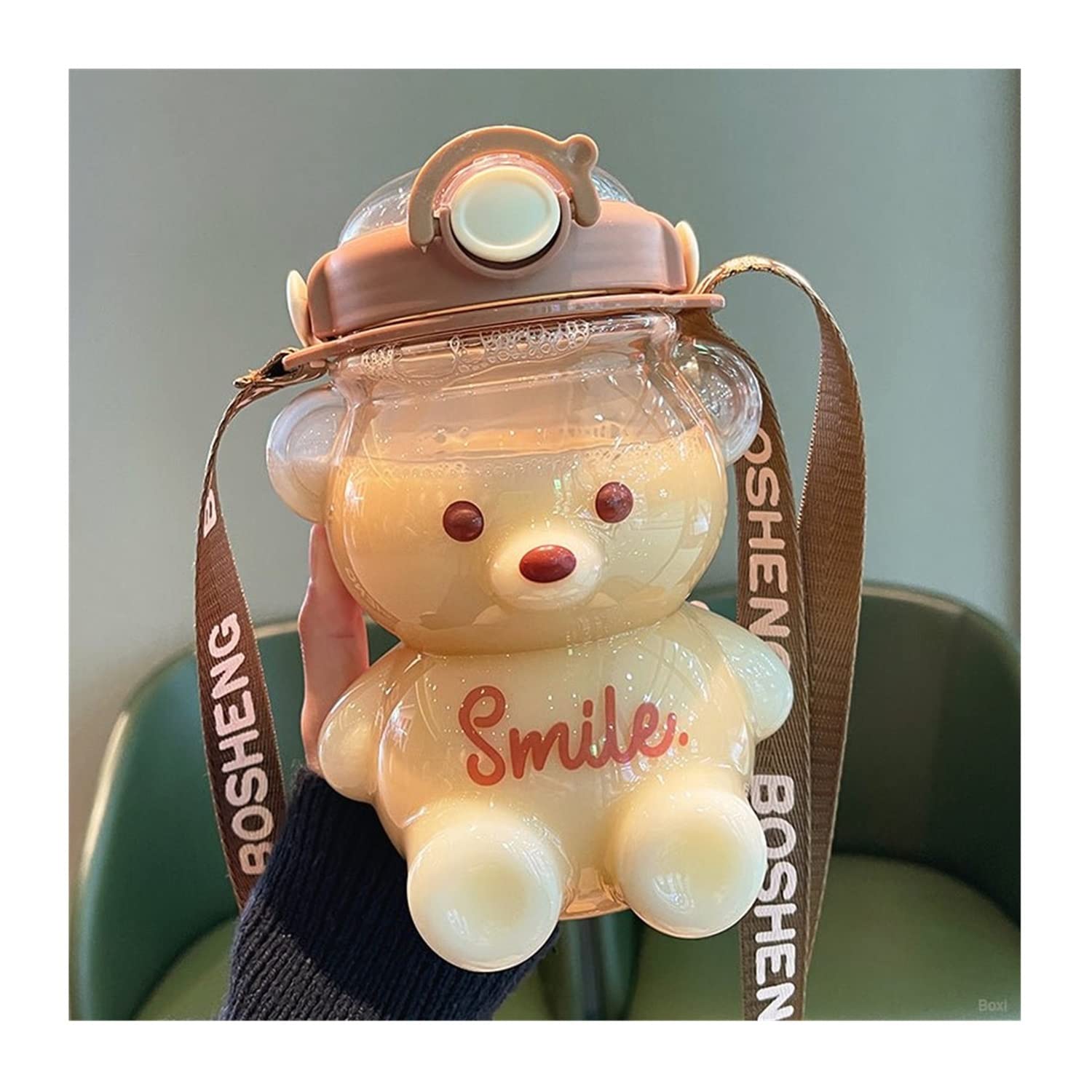 Kawaii Bear Straw Bottle, Cartoon Kids Water Bottle Bpa Free with Straw and Built in Carrying Loop, Adjustable & Removable Shoulder Strap, Made of Durable Plastic, Leak-Proof Design for Travel