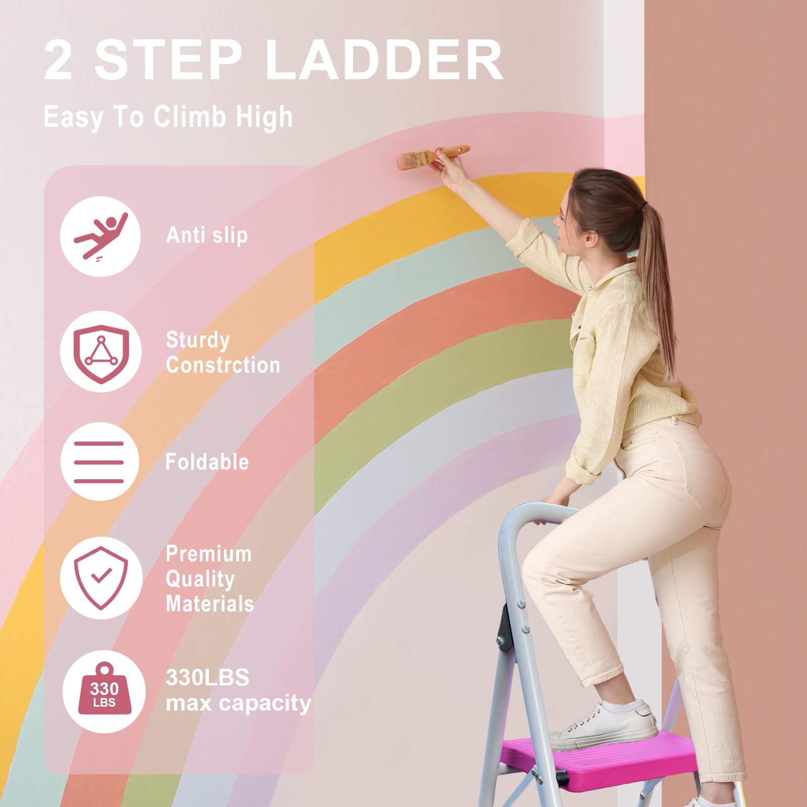 Step Ladder Folding 2 Step Stool Adult with Wide & Anti-Slip Pedals Ergonomic Portable Steel Ladder for Household, Kitchen, Office 330LBS (Pink, 2 Step)