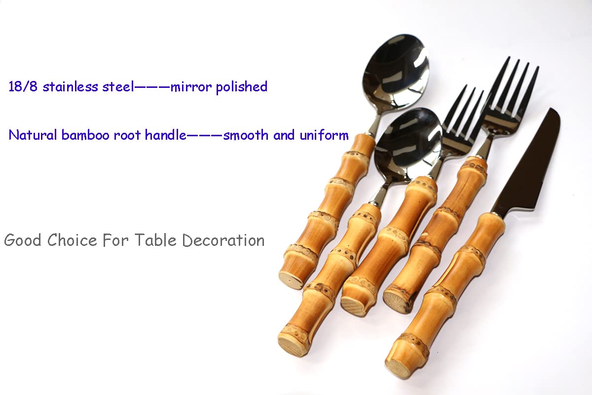 JUSTEMI Bamboo Silverware Set,Natural Bamboo Flatware,Bamboo Handle Cutlery and Utensil Set,18/8 304 Stainless Steel 1 set 5 PCS