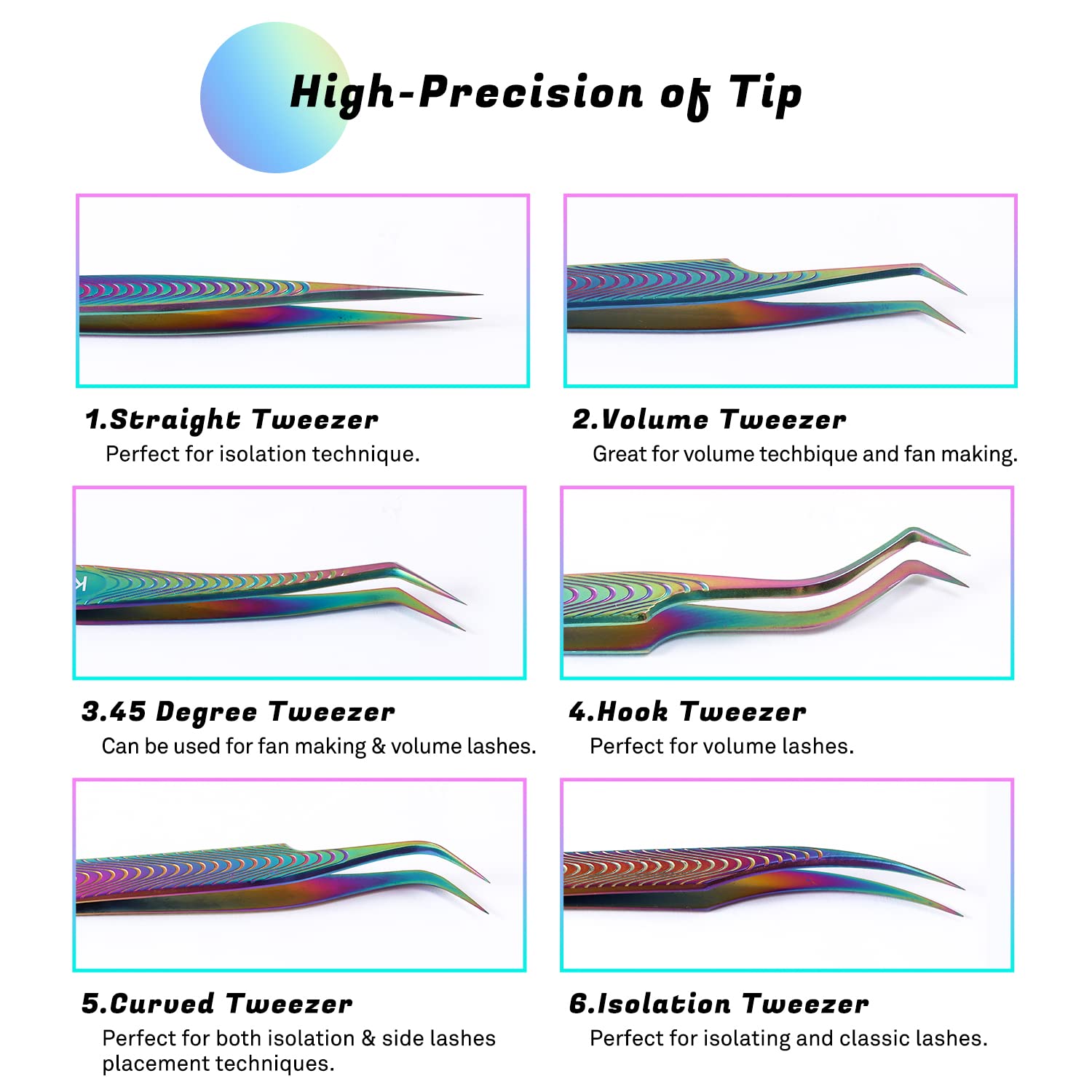 Kolybel Eyelash Extension Tweezers Professional Precision Stainless Steel Lash Extension Tweezers for Mega Volume and Mink Eyelashes Extensions Applying Curved Tips(Color-K05)