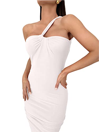 Vrtige Women's Sexy One Shoulder Backless Ruched Sleeveless Cocktail Bodycon Maxi Dress White Medium
