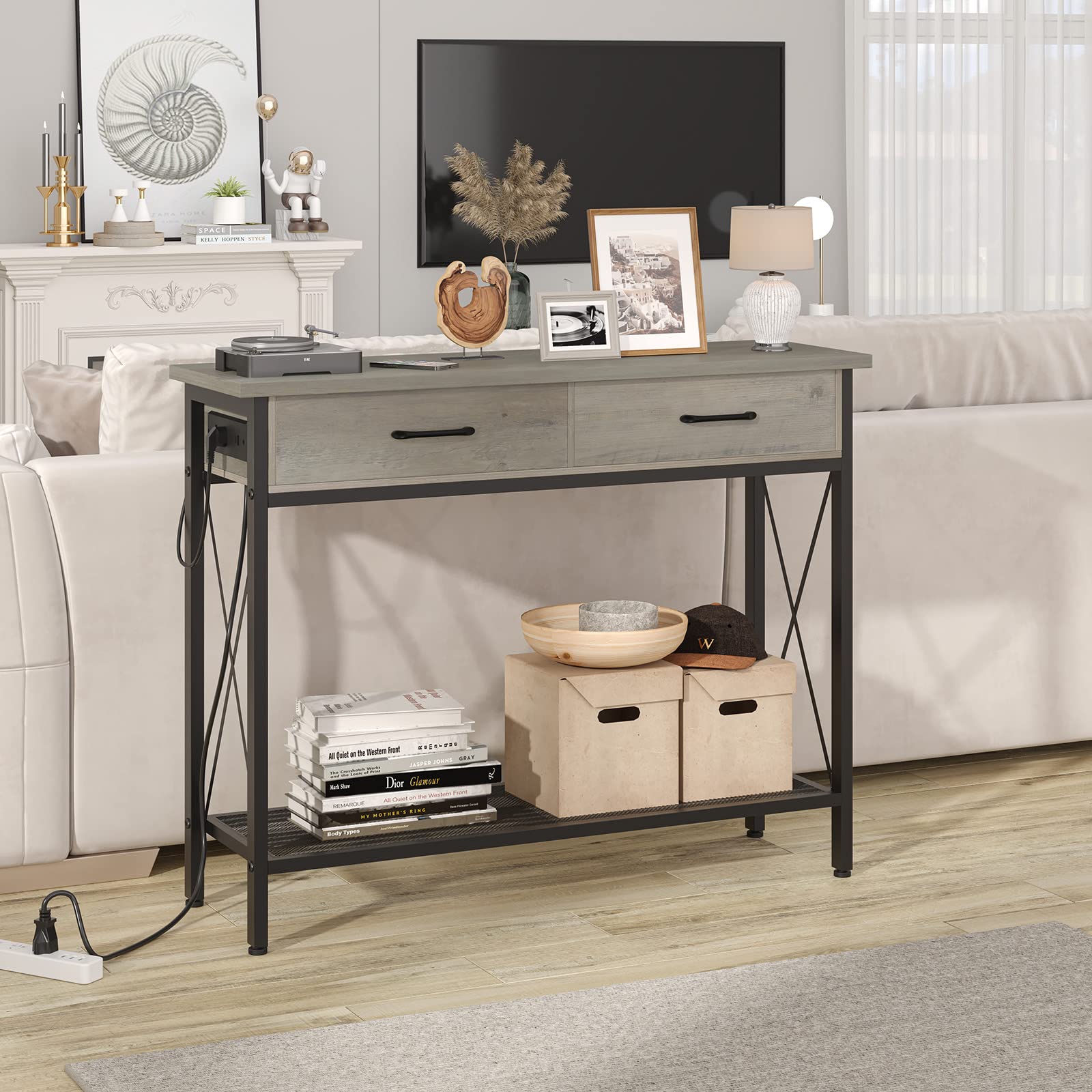 Entryway Table with 2 Drawers for Storage, 39.3''Console Table with Charging Station, Industrial Grey Sofa Table with Storage Shelves for Living Room, Couch, Hallway, Foyer, Entryway, Kitchen-2 Tier
