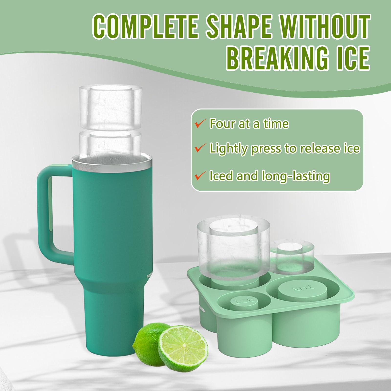 Ice Cube Trays with Lids for Stanley Cup,4Pcs Cylinder Silicone Ice Cube Trays for Freezer,Ice Mold with Lid and Bin for Freezer, Ice Drink, Juice, Whiskey, Cocktail, 20Oz, 30Oz, 40Oz(Green)