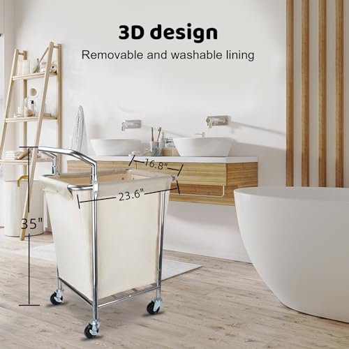 Renicbliss Laundry Cart with Wheels, Rolling Laundry Hamper with Wheels and Handle, Large Dirty Clothes Hamper for Laundry Heavy Duty, Beige