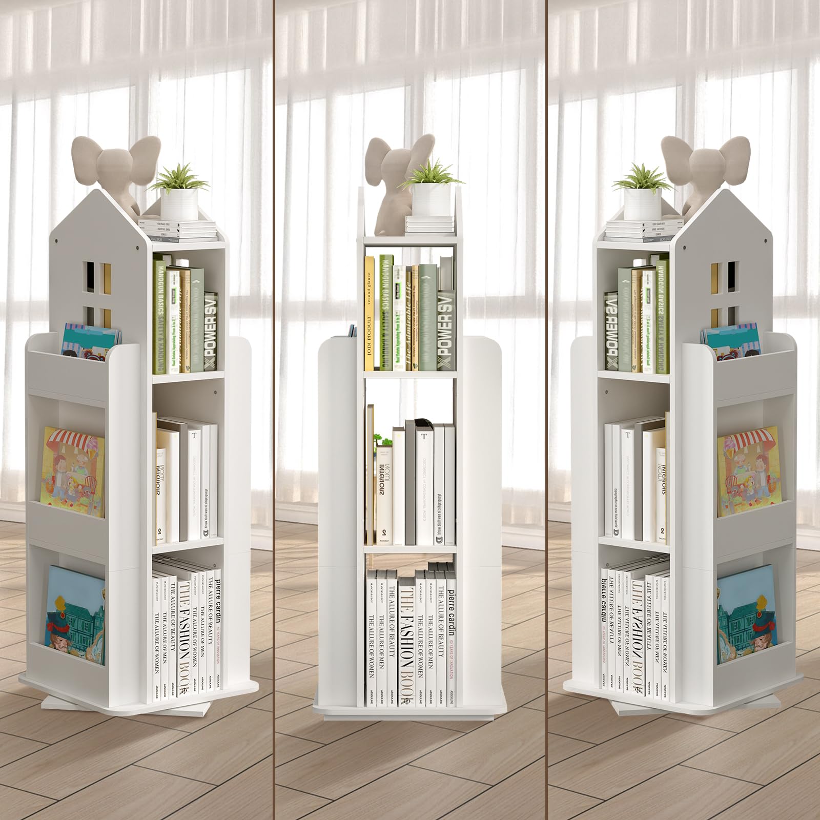 Nisorpa Rotating Bookshelf 360° Display Floor Standing Bookcase Freestanding Storage Organizer Holder Book Rack for Kids Multi-Functional Bookshelf Organizer 37.4'' x 13.38'' x 13.38''