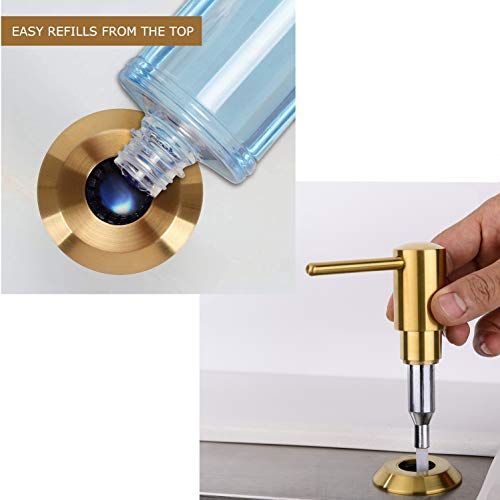 KMEINO Gold Soap Dispenser, Built in Undermount Soap Dispenser Brass Commercial, Brushed Gold Metal Pump Head Liquid Lotion Kitchen Countertop Soap Dispenser with 500ml PP Bottle