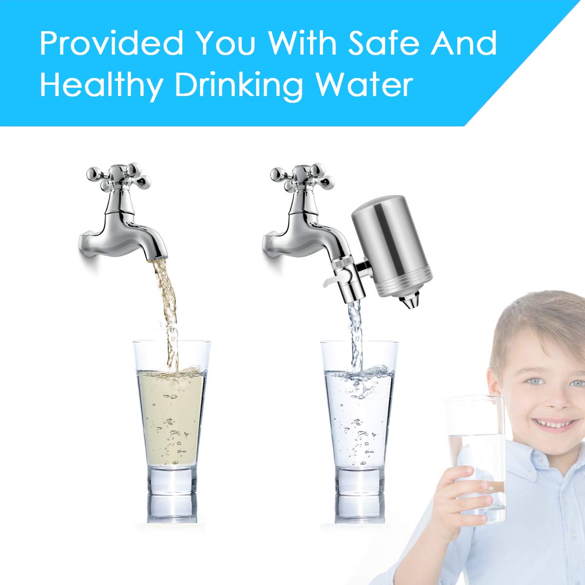 Dimener Faucet Water Filter, Water Purifier Sink Filter 304 Stainless-Steel Tap Water Filter System, Reduce Chlorine, Lead Reduction, Double Outlet (2 Filter Cartridges Included)