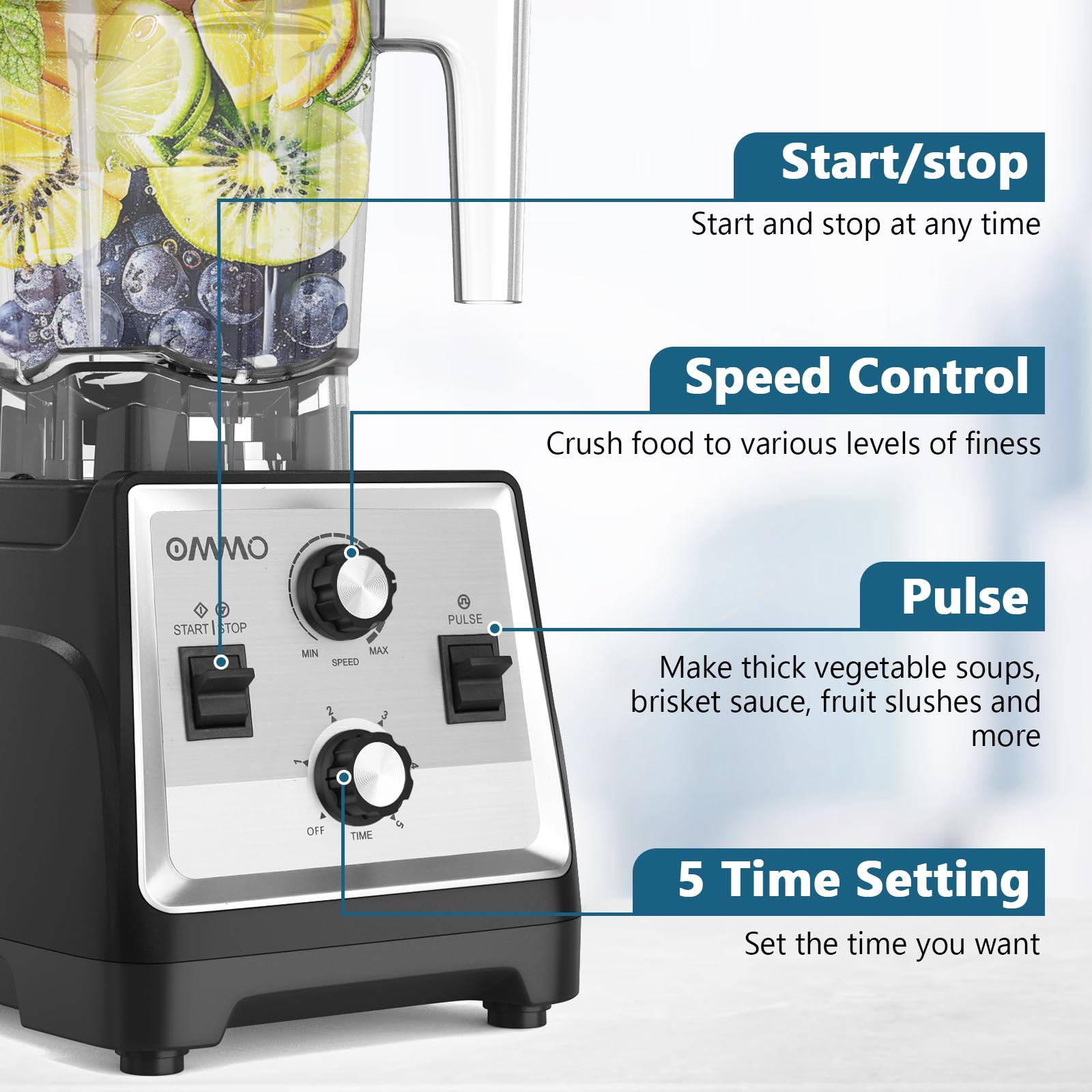 OMMO Blender 1800PW, Professional High Speed Countertop Blender for Kitchen with Durable Stainless Steel Blades, 68oz BPA Free Blender for Shakes and Smoothies, Nuts, Ice and Fruits, Dishwasher Safe