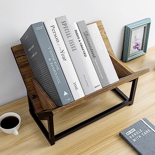 MyGift Rustic Burnt Solid Wood and Industrial Matte Black Metal Tilted Book Display Rack Shelf, Desktop Storage Organizer Bookshelf, Decorative Standing Bookcase