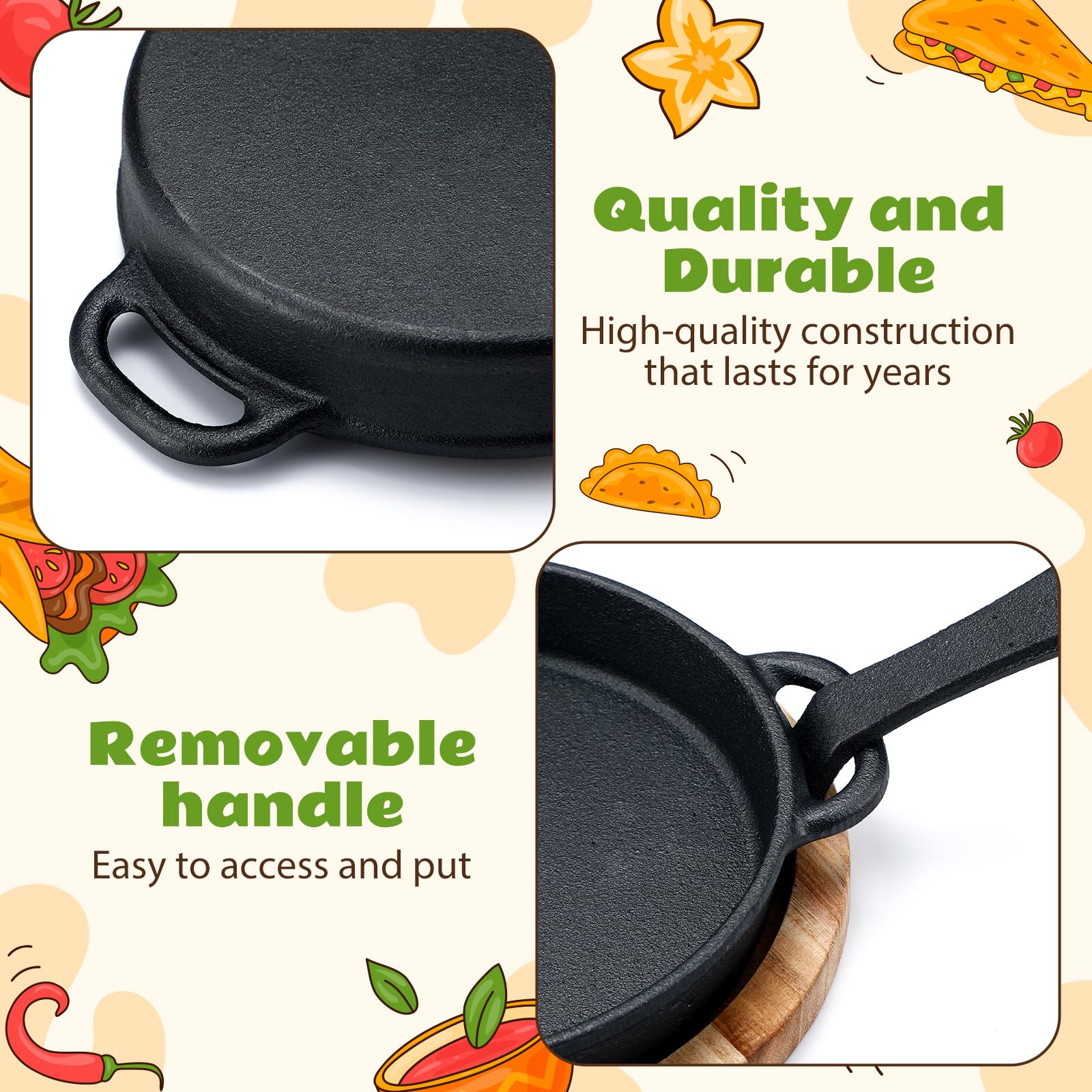 Jingmore 2 Pcs Cast Iron Fajita Skillet Pan 8 Inches Round Plate Sizzling Pan with Removable Handle and Trivet Cast Iron Frying Pan Nonstick Oven Safe Cookware, Pizza Oven and BBQ Accessories Black