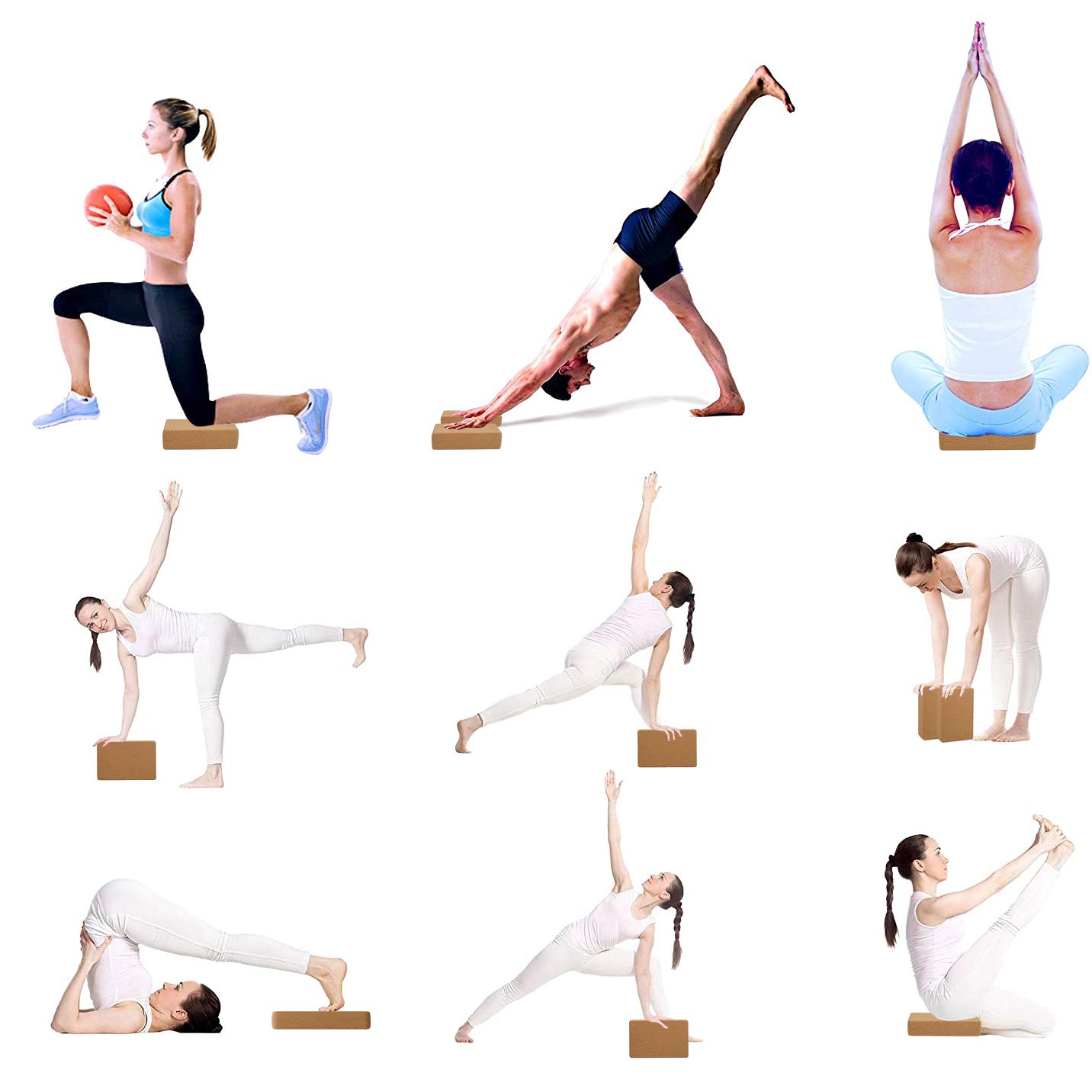 Hossejoy Cork Wood Yoga Blocks, Support Brick to Deepen Poses, Improve Strength and Aid Balance and Flexibility, 8.7 x 5.7 x 2.9 in, Set of 2