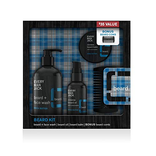Every Man Jack Mens Shea Butter Beard Kit - Perfect for Every Guy - Includes Four Full-Sized Grooming Essentials - Beard + Face Wash, Beard Oil, Beard Balm + Beard Comb