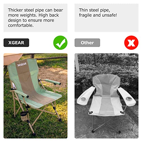 XGEAR Camping Chair with Padded Hard Armrest, Sturdy Folding Camp Chair with Cup Holder, Storage Pockets Carry Bag Included, Support to 400 lbs (1-Green)