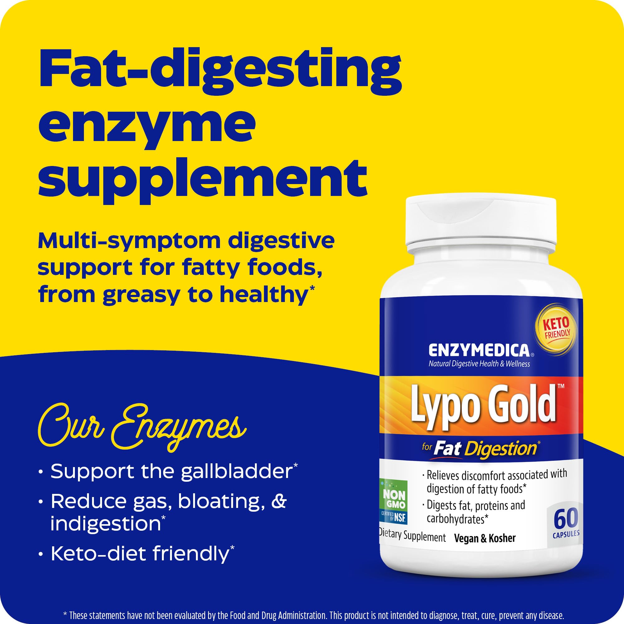 Enzymedica Lypo Gold, Digestive Enzymes for Fat Digestion, Offers Fast Acting Gas & Bloating Relief, 120 Count (FFP)