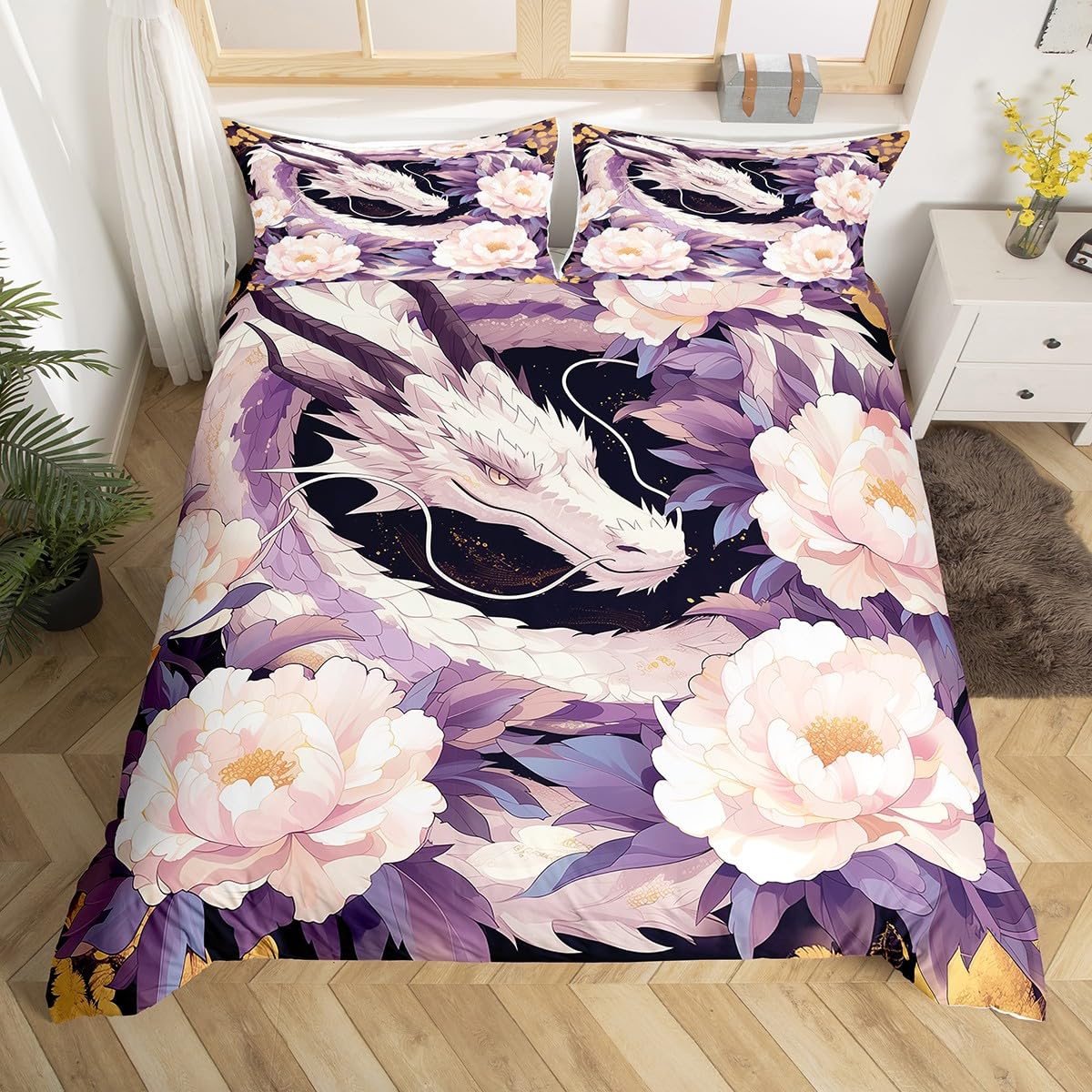 Manfei Dragon Exotic Bedding Set Twin Size,Wild Ancient Animal Purple Dragon Starry Duvet Cover with 1 Pillow,Artistic White Flowers Blooming Floral Quilt Cover(No Filler),2 Pcs