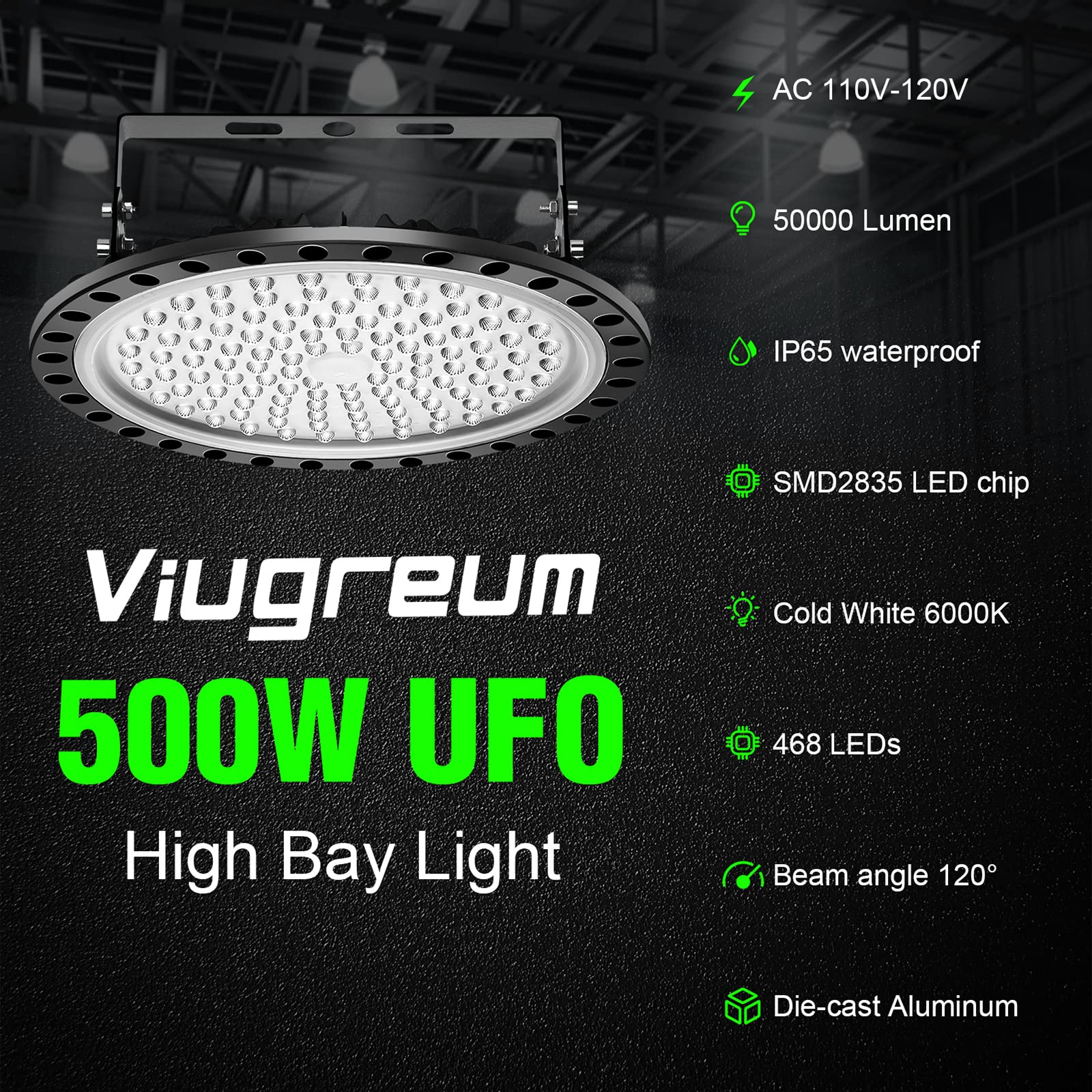 Viugreum High Bay LED Shop Lights, 500W UFO LED High Bay Light 50,000LM 120V LED High Bay Lights 5000K Daylight, Alternative to 2000W MH/HPS for Garage Workshop Barn Factory Warehouse - 10 Pack