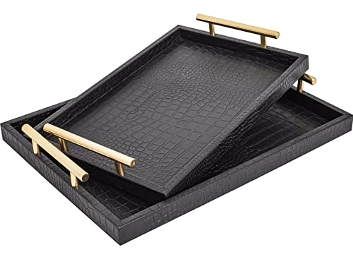 MACVAD Set of 2 Modern Elegant Large Wood Serving Tray, Black Crocodile Leather with Gold Polished Metal Handles, Rectangle Decorative Tray for Ottoman Coffee Table Living Room
