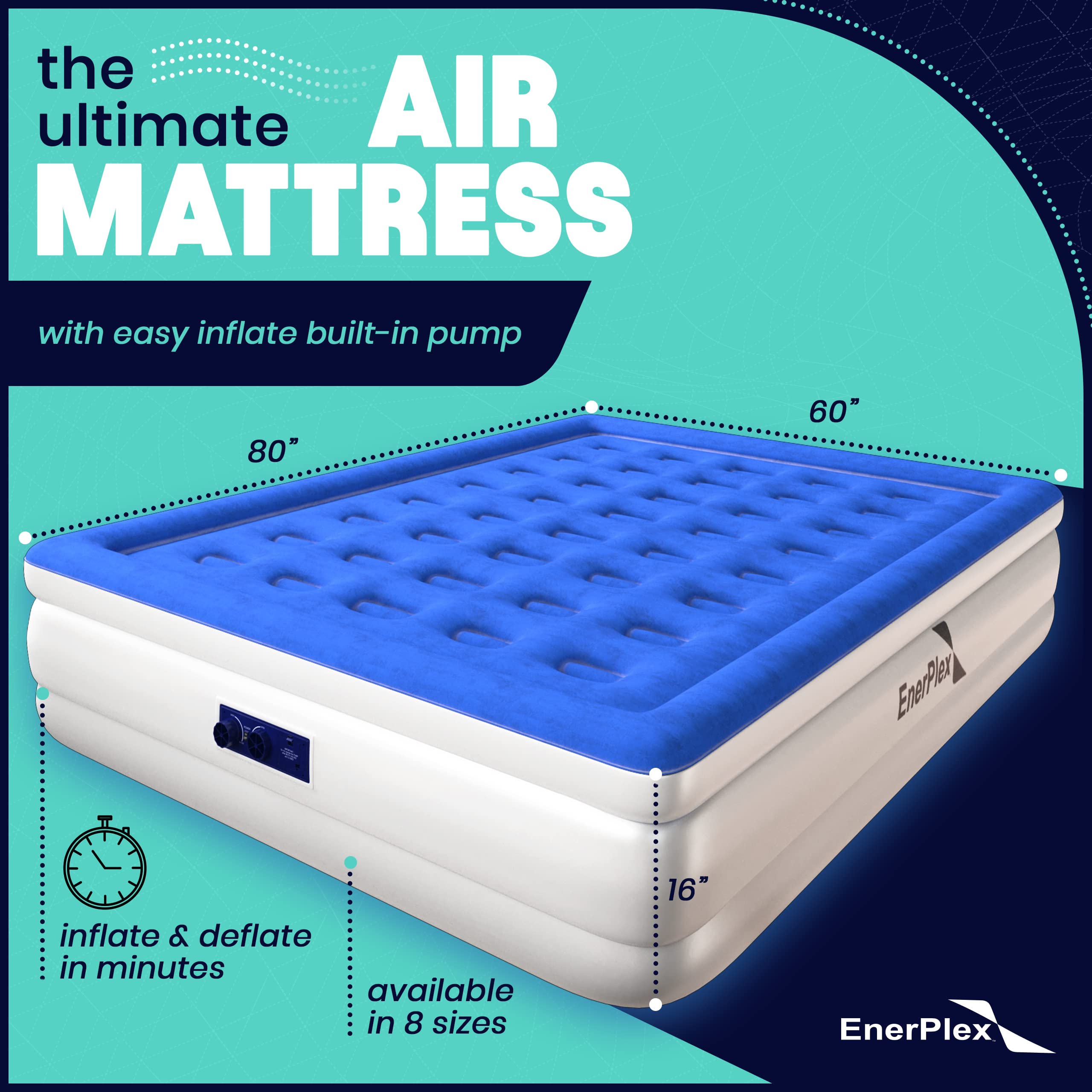EnerPlex Queen Air Mattress with Built-in Pump - 16 Inch Double Height Inflatable Mattress for Camping, Home & Portable Travel - Durable Blow Up Bed with Dual Pump - Easy to Inflate/Quick Set Up
