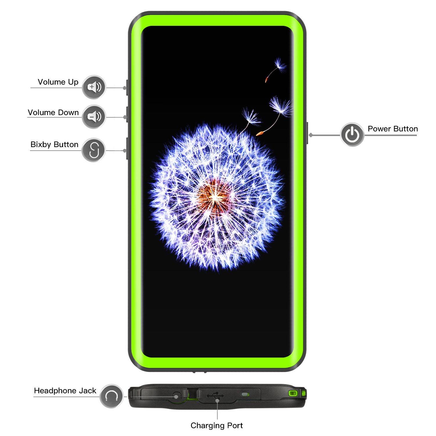 Fansteck Samsung Galaxy S9 Plus Waterproof Case, IP68 Waterproof/Snowproof/Shockproof/Dirtproof, Full-Body Protective Case with Built-in Screen Protector for Galaxy S9+ Plus (6.2 inch-Black/Green)