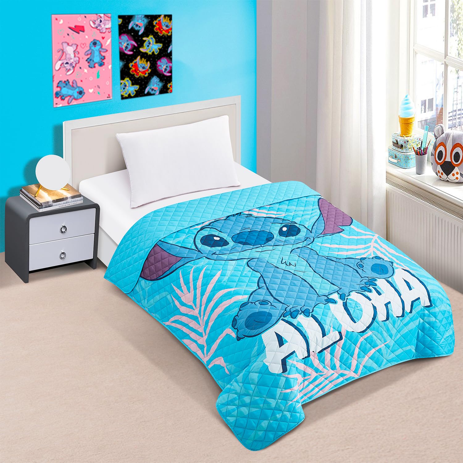 Stitch Twin Size Bedding Set for Toddlers - Lilo and Stitch Twin Bedding Bundle with Stitch Bedspread, Flat Sheet, Fitted Sheet, and Pillowcase for Twin Bed Plus Posters | Stitch Bedroom Decor