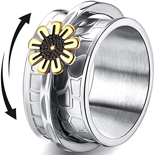 Jude Jewelers Retro Vintage Stainless Steel Hammered Flower Rotating Spinner Anxiety Pressure Relief Ring (Silver Gold, 7)