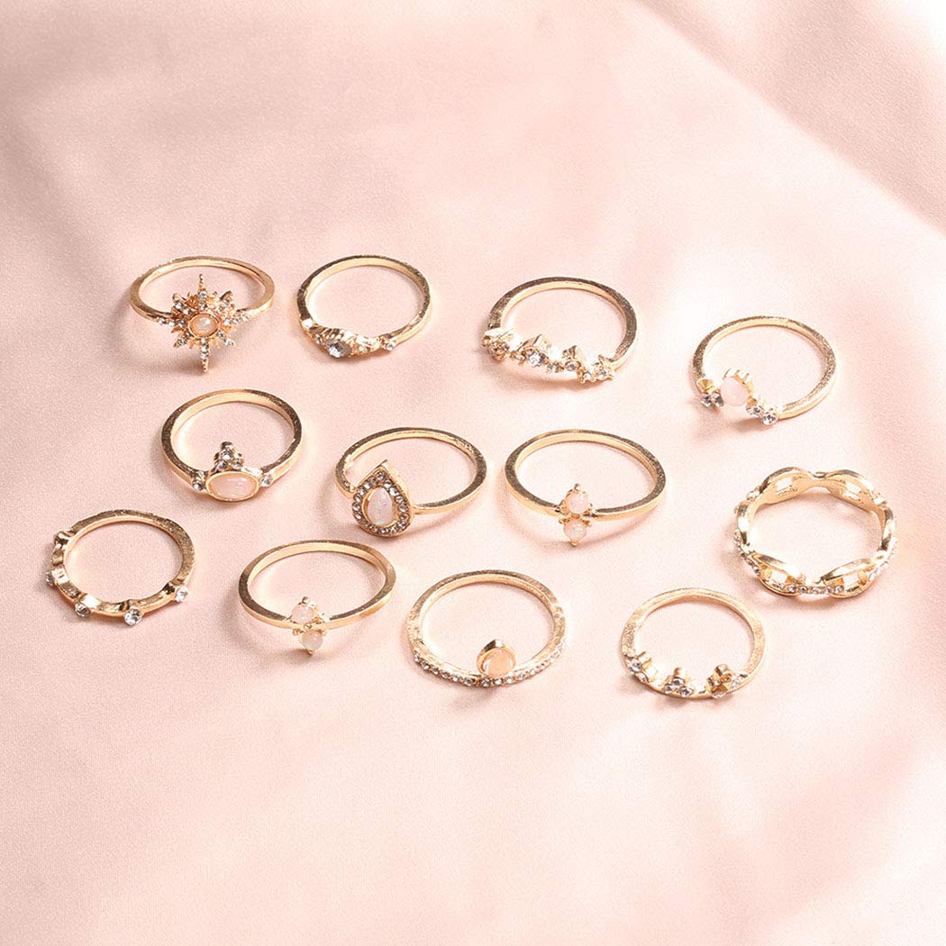 Fairyu Boho Crystal Stackable Rings Gold Joint Knuckle Rings Gold Beach Finger Rings Jewelry for Women and Girls (12PCS)