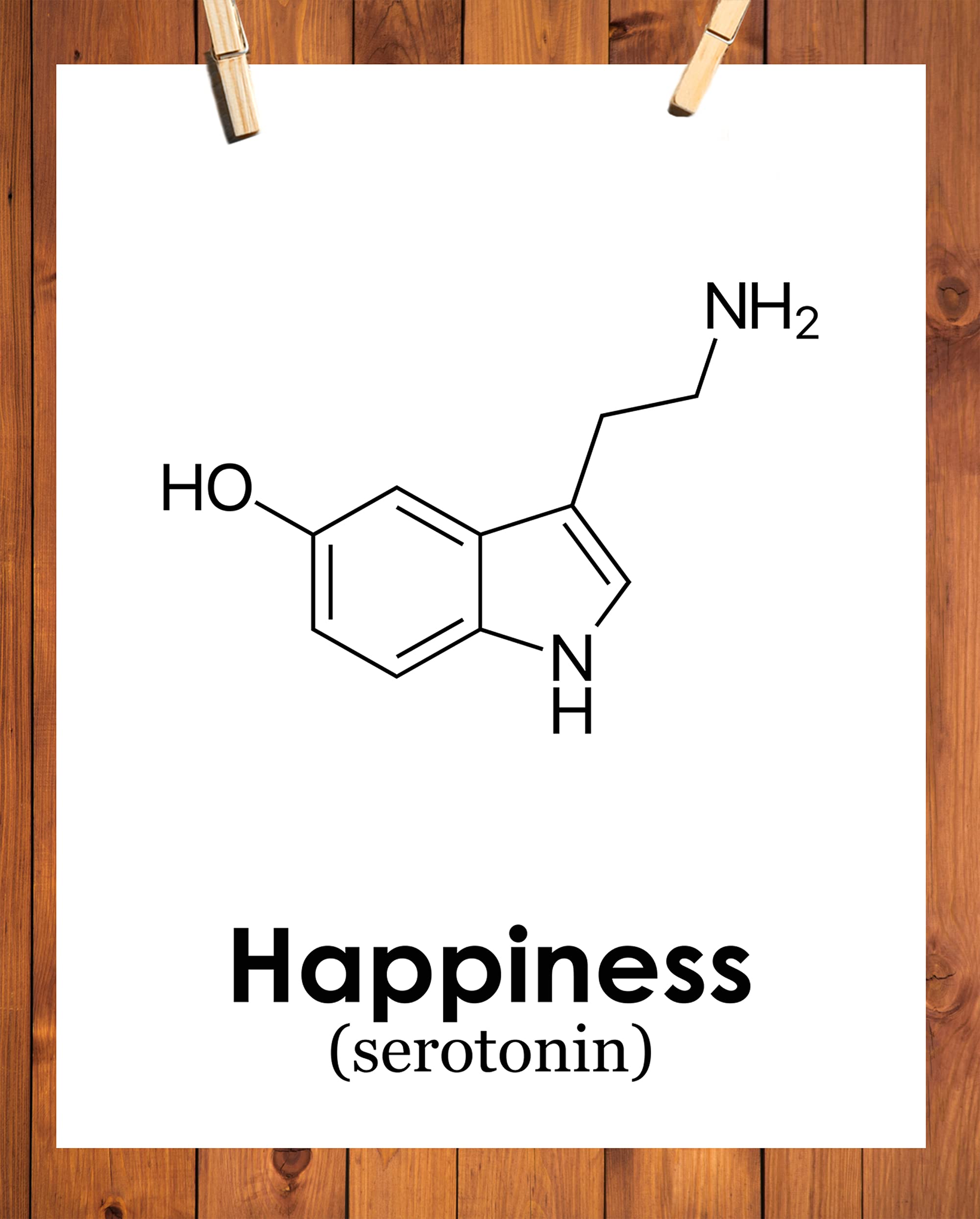 Happiness Serotonin Molecule Wall Art 11x14 Unframed Art Print Poster Black on White for Office, Classroom, Science Laboratory or Home Décor. Great Gift For Scientists, Chemists, Geeks and Nerds