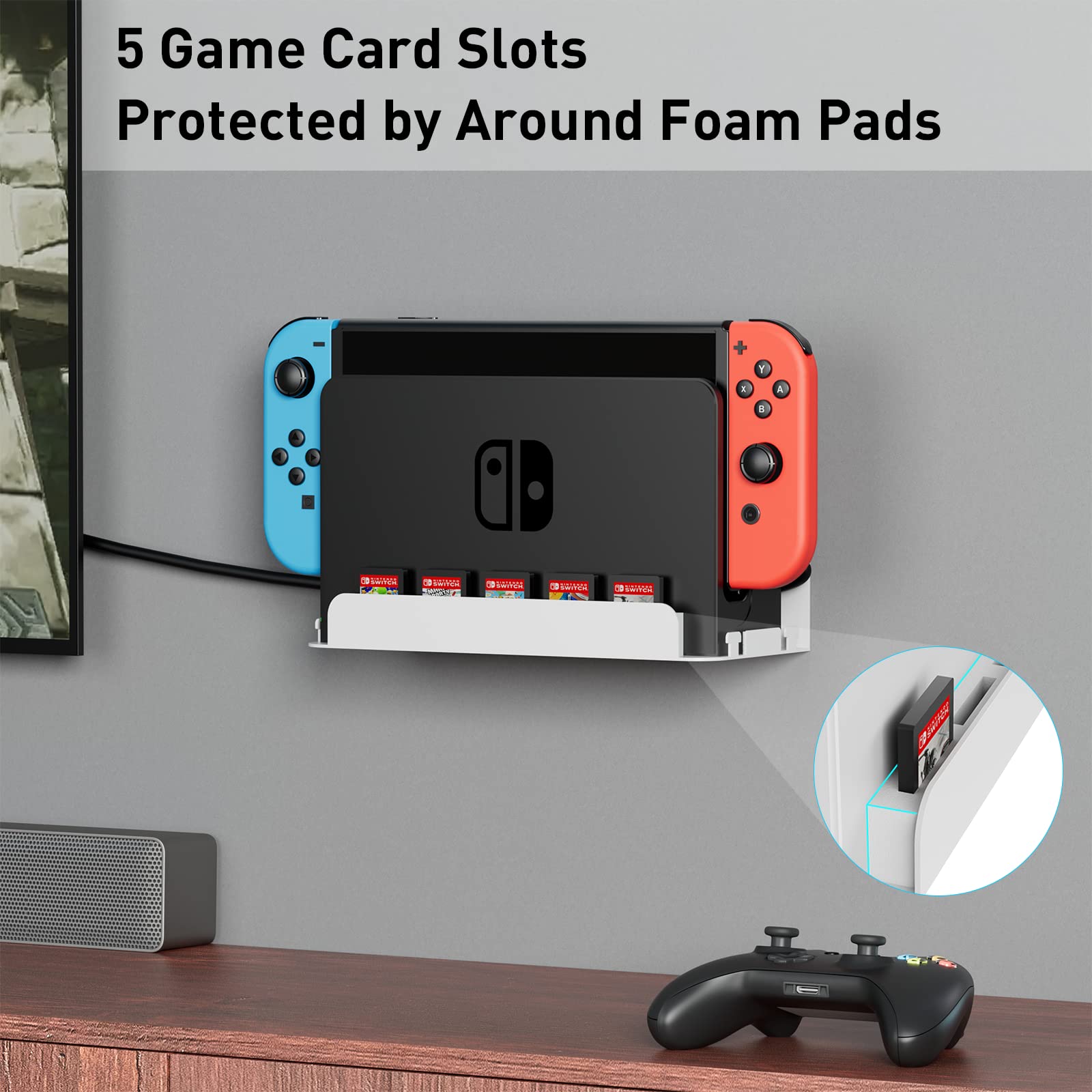 HANTNOOL Upgraded Wall Mount for Switch OLED and Switch, Metal Wall Mount Bracket with Back Airflow Gap Design, 4 Hooks for Joy Cons and 5 Game Card Holders (White)