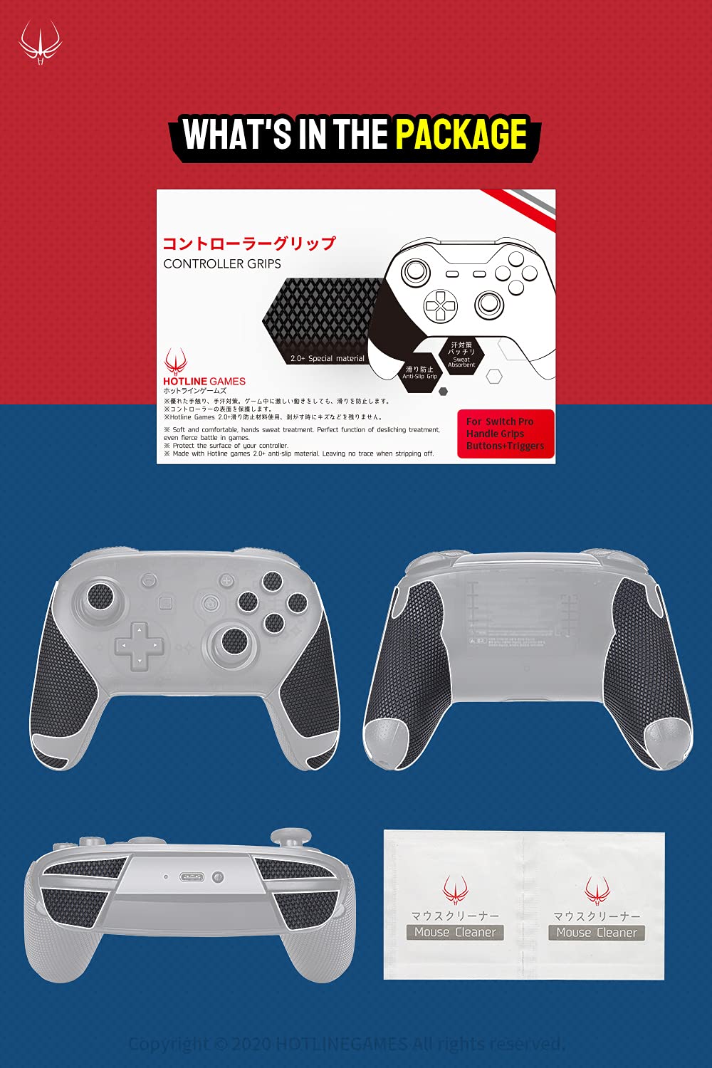 HOTLINEGAMES 2.0 Plus Controller Grip Compatible with Switch Pro Controller Grips Tape, Anti-Slip, Sweat-Absorbent, Easy to Apply (Handle Grips+Buttons+Triggers (20PCS))