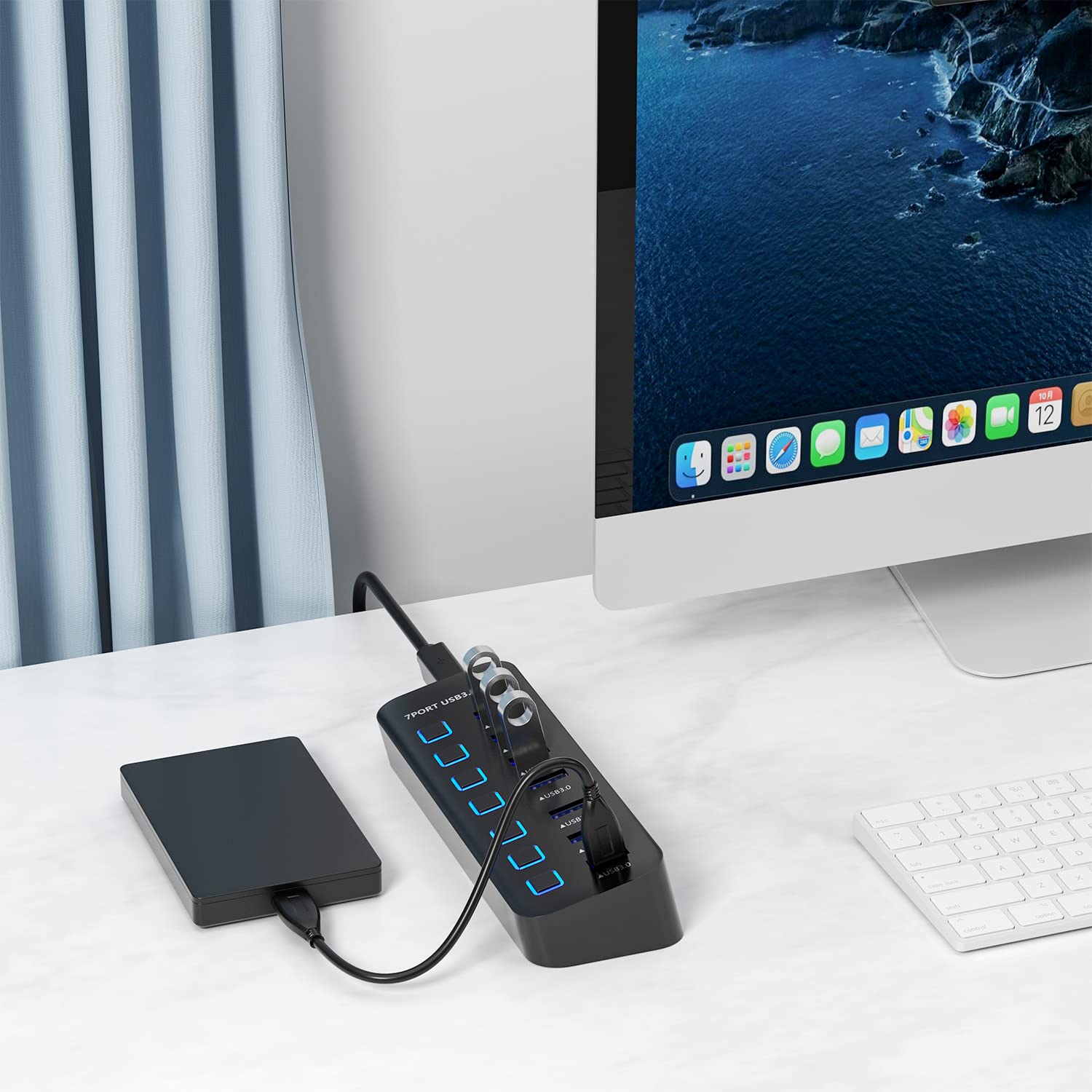 ONFINIO USB Hub 3.0 7 Port, USB Data Hub Splitter with LED Individual On/Off Switches and Lights, 5Gbps High Speed USB Port Expander for MacBook, Mac Pro, Mac Mini, iMac, Surface Pro, XPS, PC