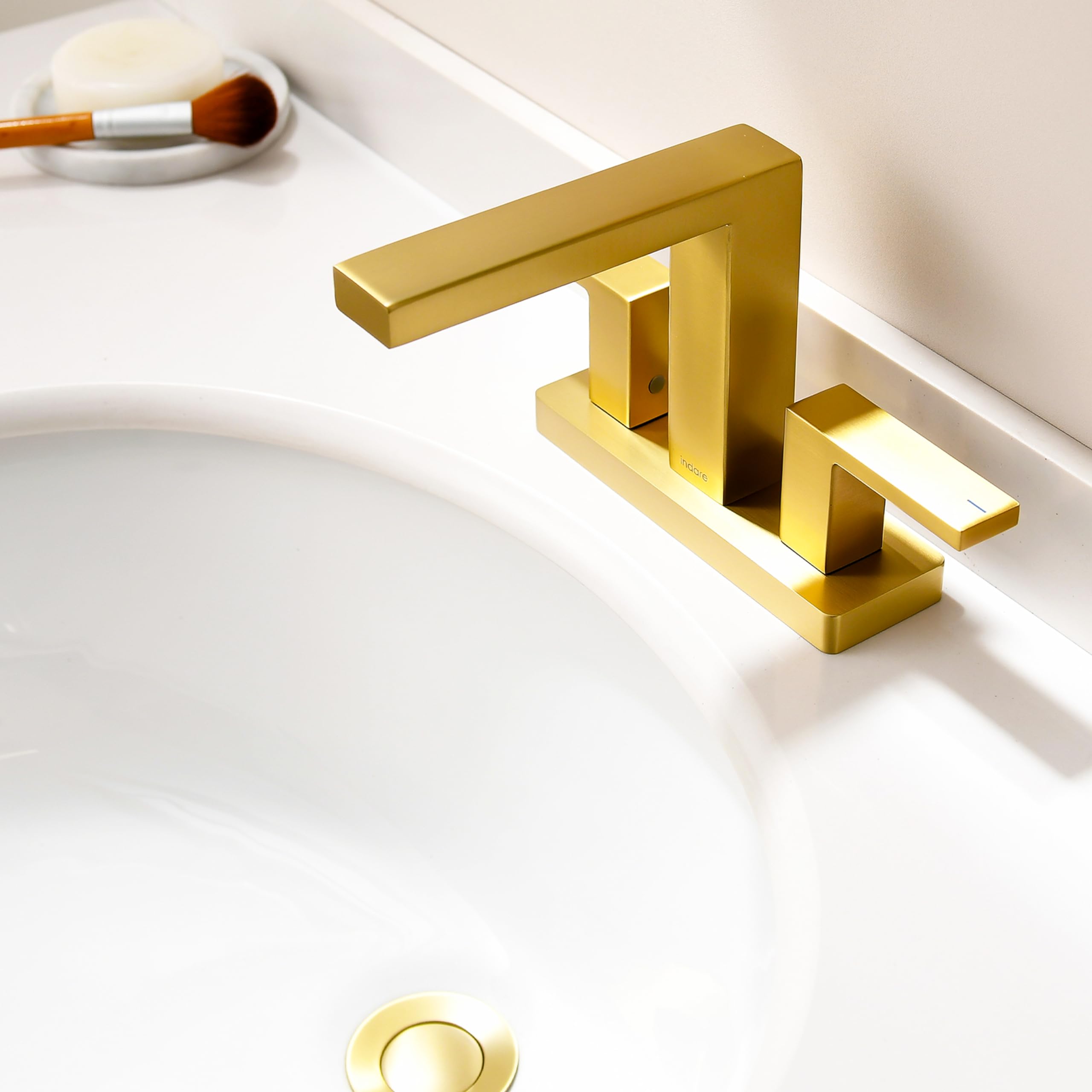 INDARE 2 Handle Centerset Bathroom Faucet, Gold Bathroom Faucets for Sink 3 Hole, 4-Inch Bathroom Sink Faucet, Bathroom Faucets with Pop-Up Drain & Supply Lines, Brushed Gold,110107-BG-1
