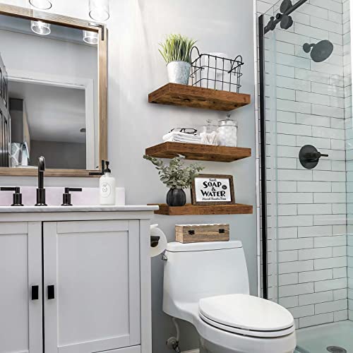QEEIG Floating Shelves Bathroom Shelf Bedroom Kitchen Farmhouse Small Book Shelf for Wall 16 inch Set of 3, Rustic Brown (015-BN3)